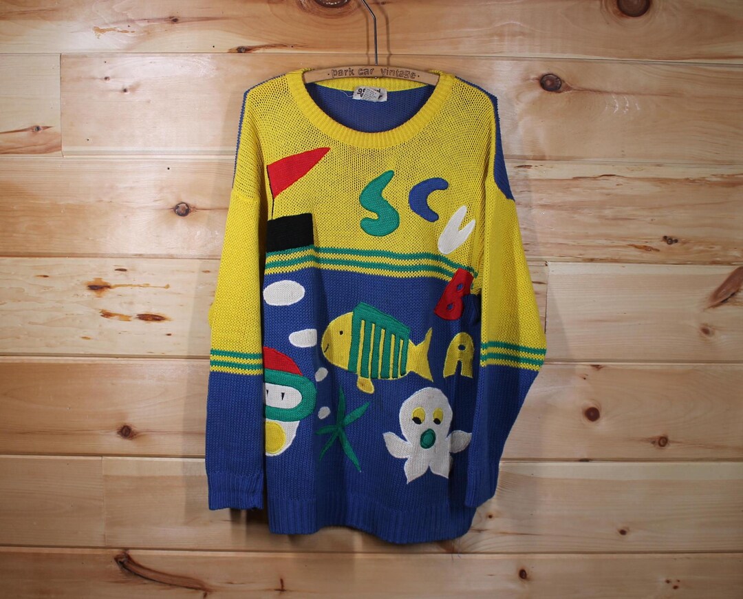 Vintage Scuba Diving Cute Fish Octopus Knit Sweater Adult Size Medium ...