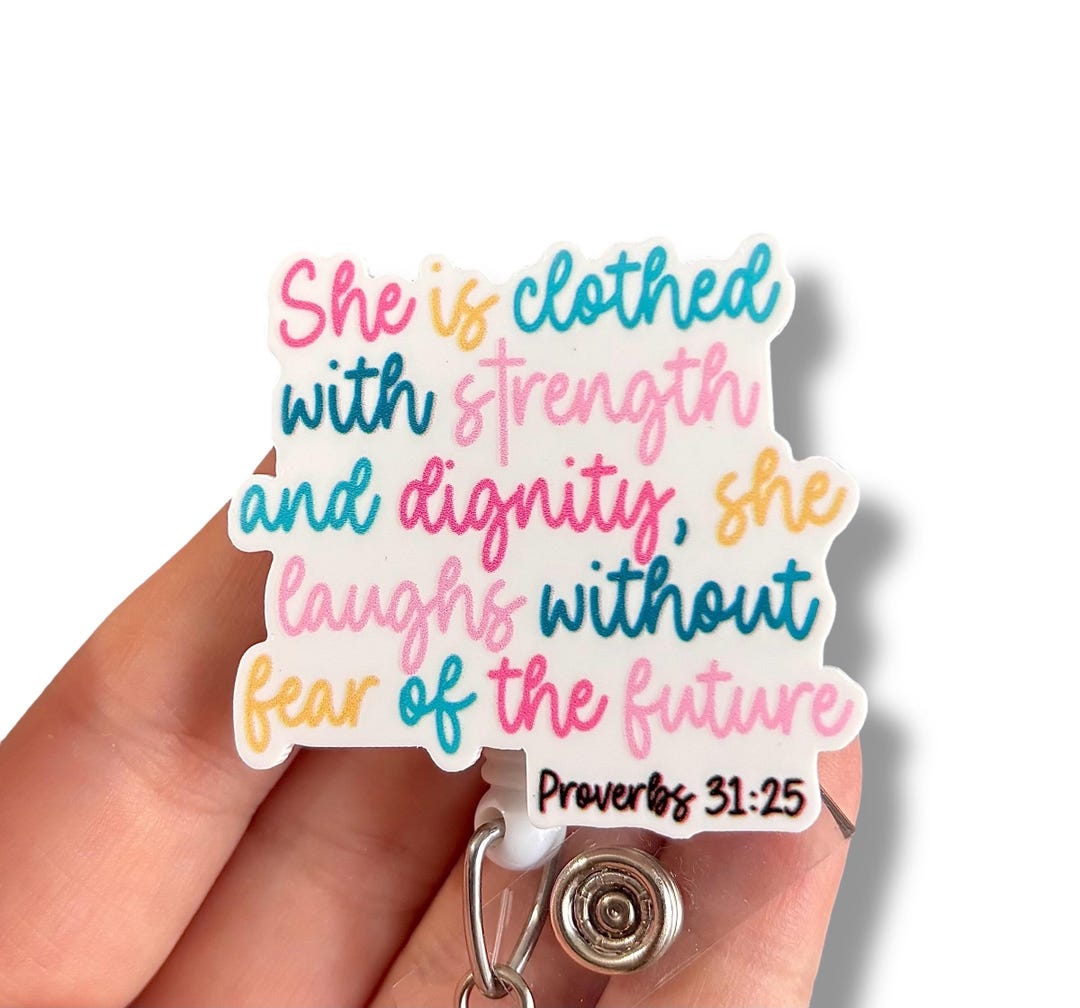 She is Clothed With Strength Badge Reel - Badge Pull - Nurse Badge Pull ...