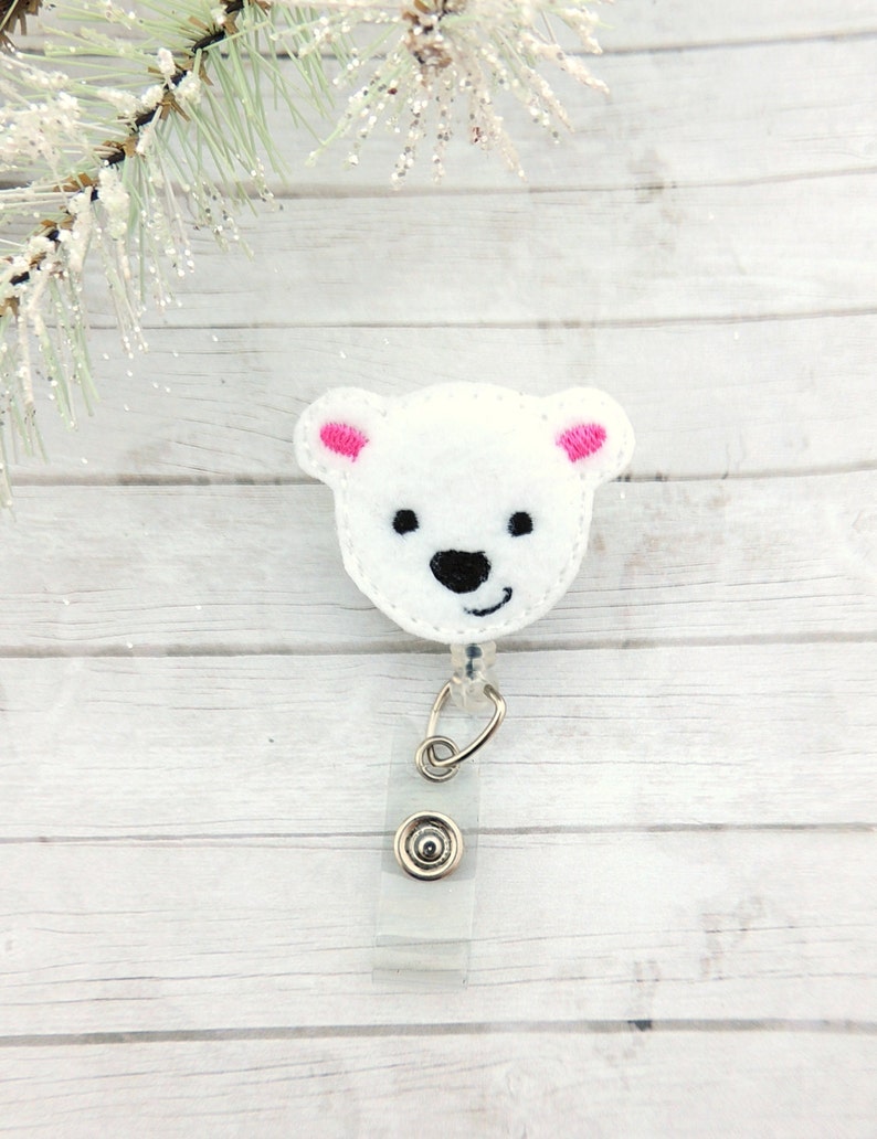 Polar bear badge reel Polar bear name badge Bear name tag | Etsy