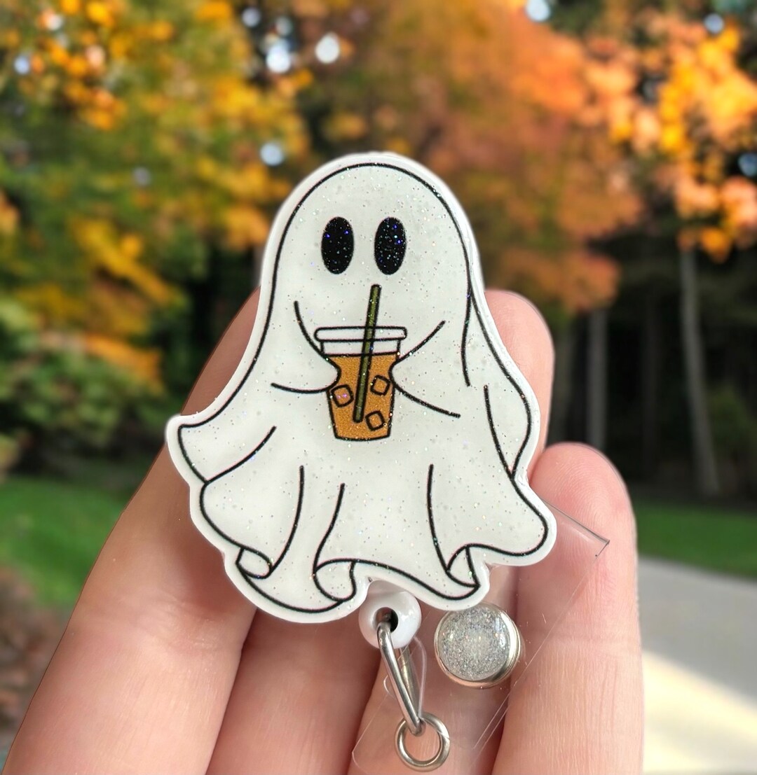 Halloween Badge Reel Coffee Ghost Badge Reel Retractable Badge Badge ...