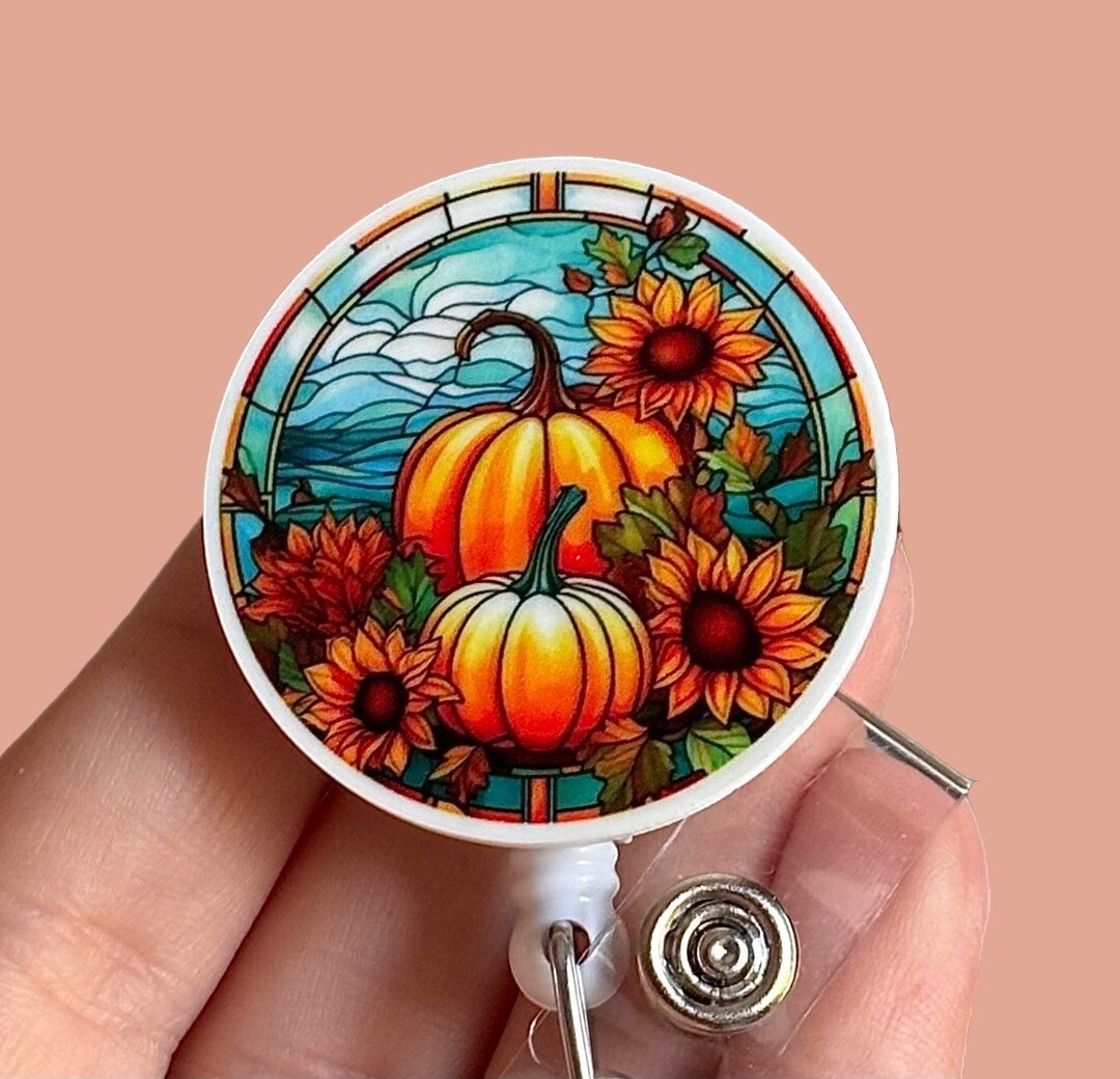 Halloween Badge Reel - Stained Glass Pumpkin Badge - Badge Topper ...