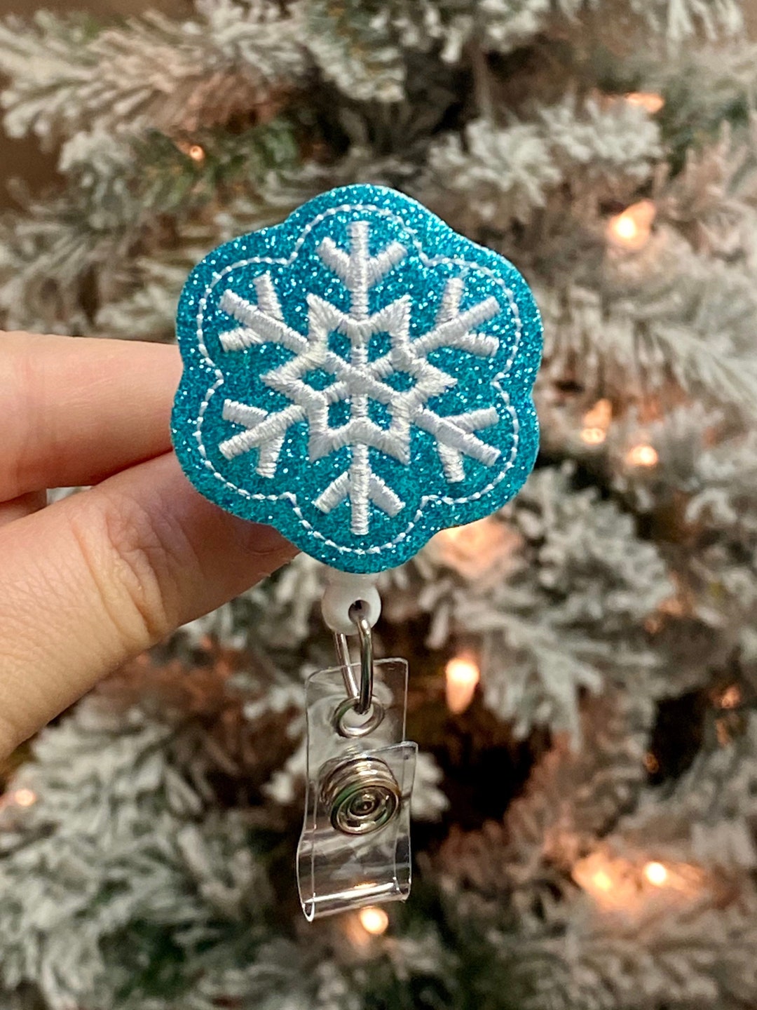 Snowflake Badge Reel Blue Glitter Snowflake Retractable Badge Reel ...