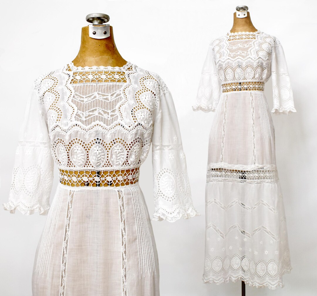 Vintage Edwardian Tea Dress | Antique 1910s White Cotton Gown | Floral ...