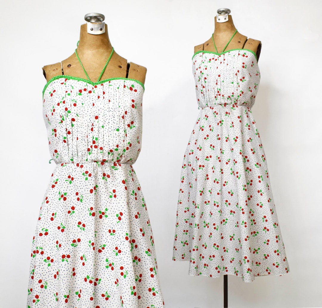 Vintage 80s Cherry Print Day Dress 1980s Halter Sundress Red Cherries ...