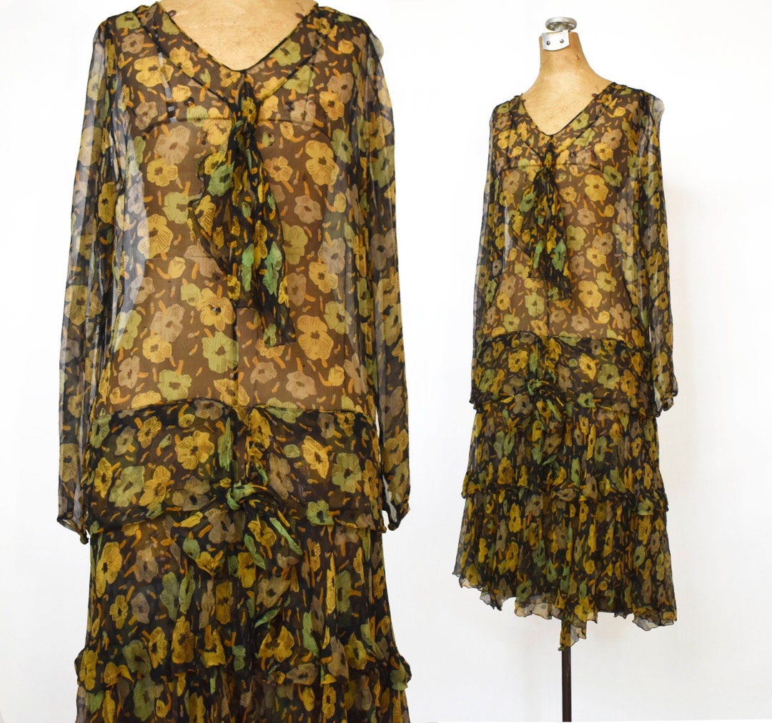 Vintage 1920s Fall Floral Print Dress | 20s Silk Chiffon Day Dress ...