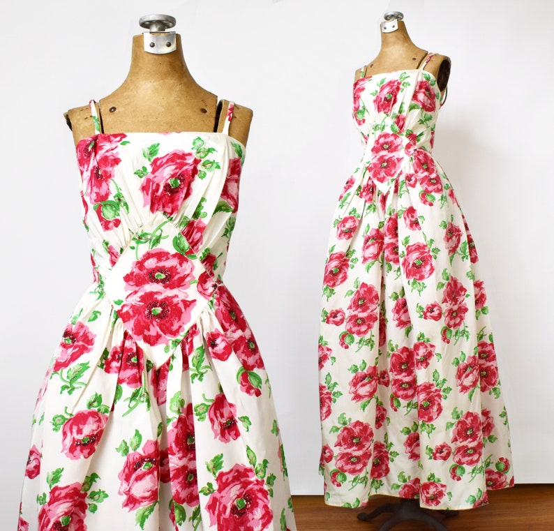 Vintage 1950s Floral Evening Gown 50's Poppy Print Prom - Etsy