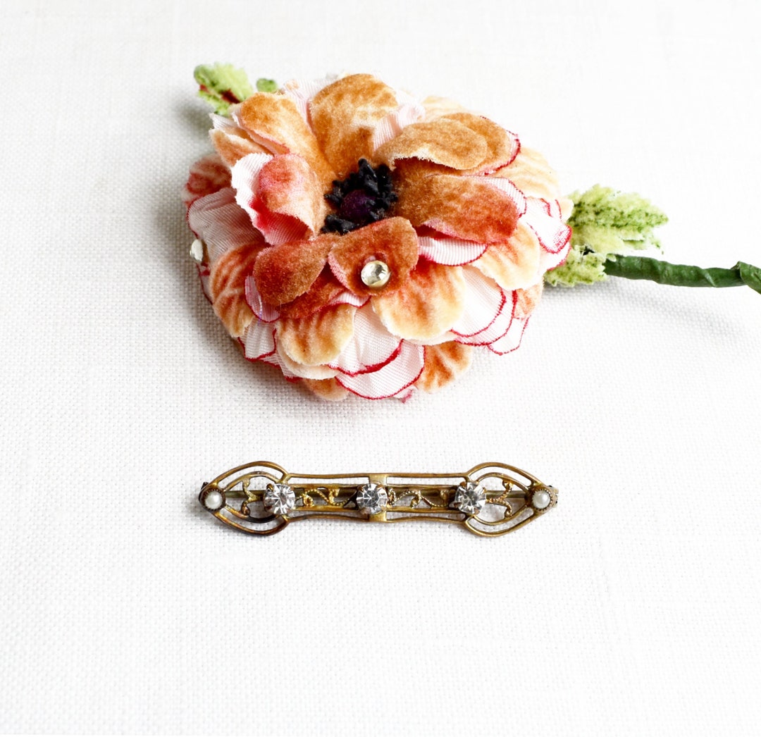 Vintage Edwardian Gold Bar Pin Antique 1910s Rhinestone & Pearl Brooch ...