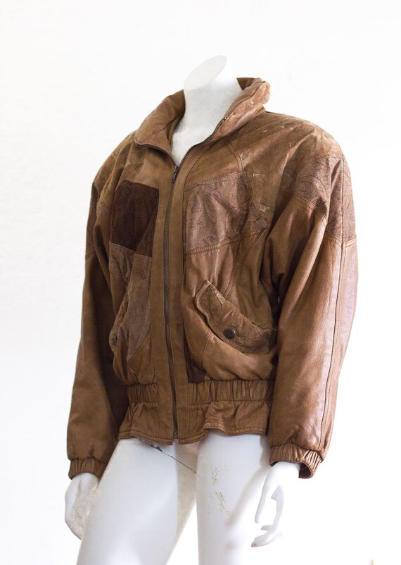 1980s/1990s Brown Patchwork Leather and Suede Bomber … - Gem
