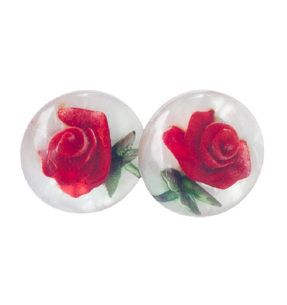1950s Lucite Domed Earrings with Red Roses on Mother … - Gem