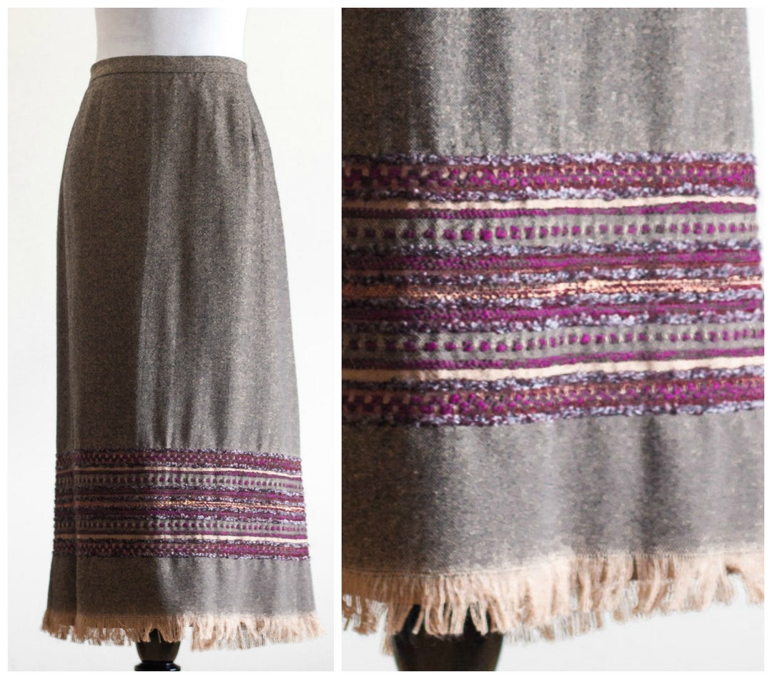 Vintage Long Brown Sheath Skirt With Fringed Hem - Etsy