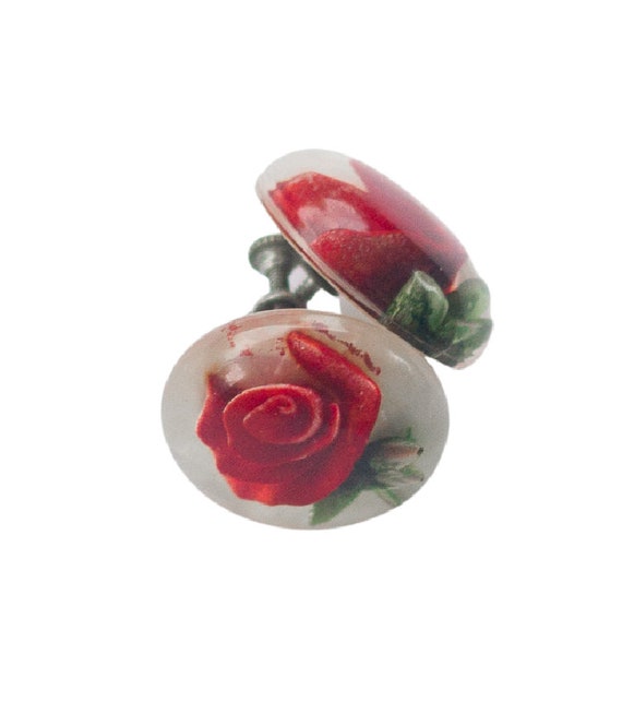1950s Lucite Domed Earrings with Red Roses on Mother … - Gem