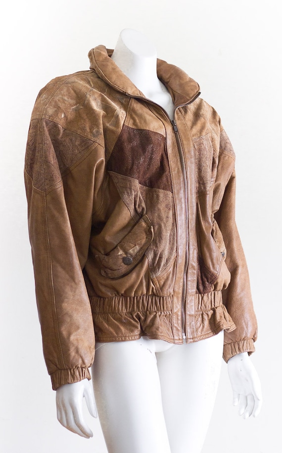 1980s/1990s Brown Patchwork Leather and Suede Bomber … - Gem