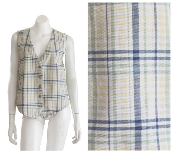 Vintage 1990s Plaid Vest in Cream Denim - Gem