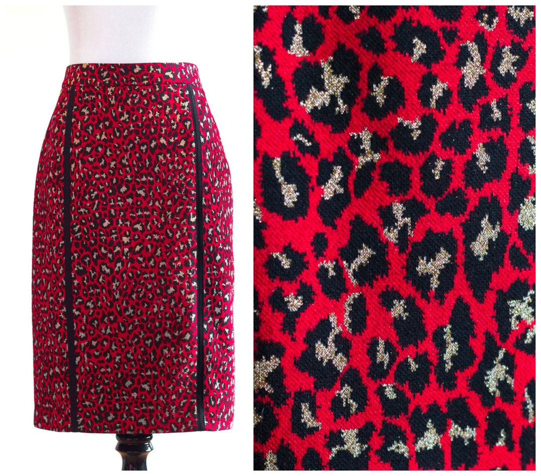 Vintage 1990s Red Sheath Skirt With Black and Gold Animal Print Design ...