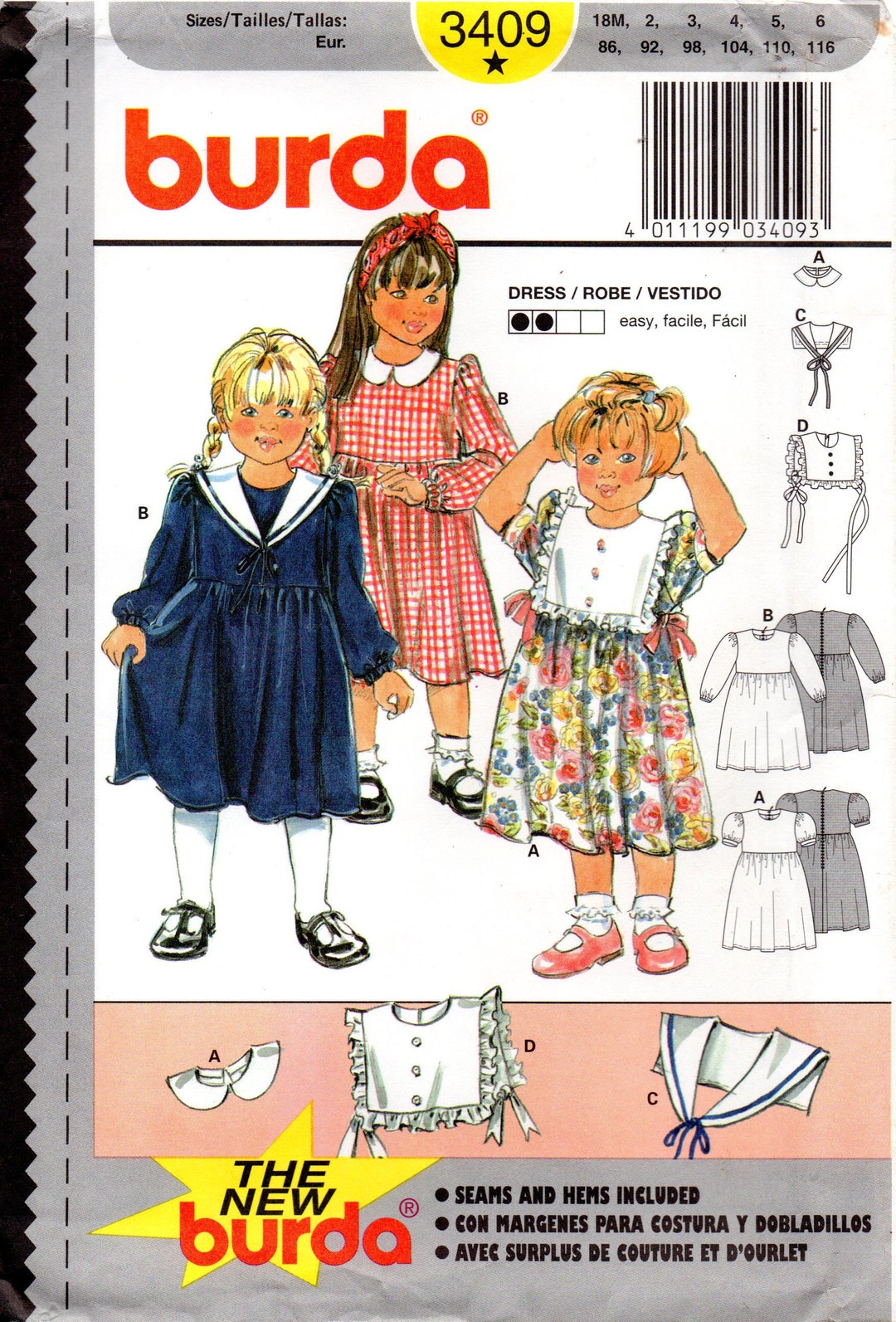 90s Burda Sewing Pattern 3409 Girls Dress With Detachable Collars Size ...