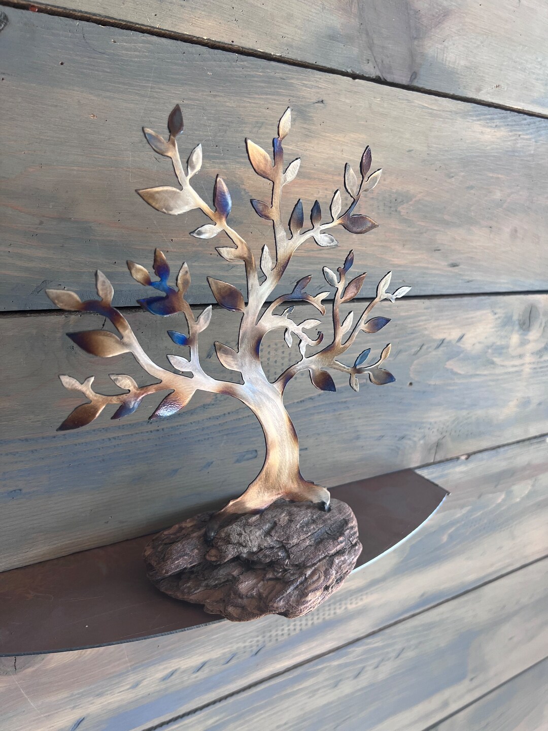 Metal Tree on Drift Wood , Tree Art Statue, Home Decor, Shelf ...