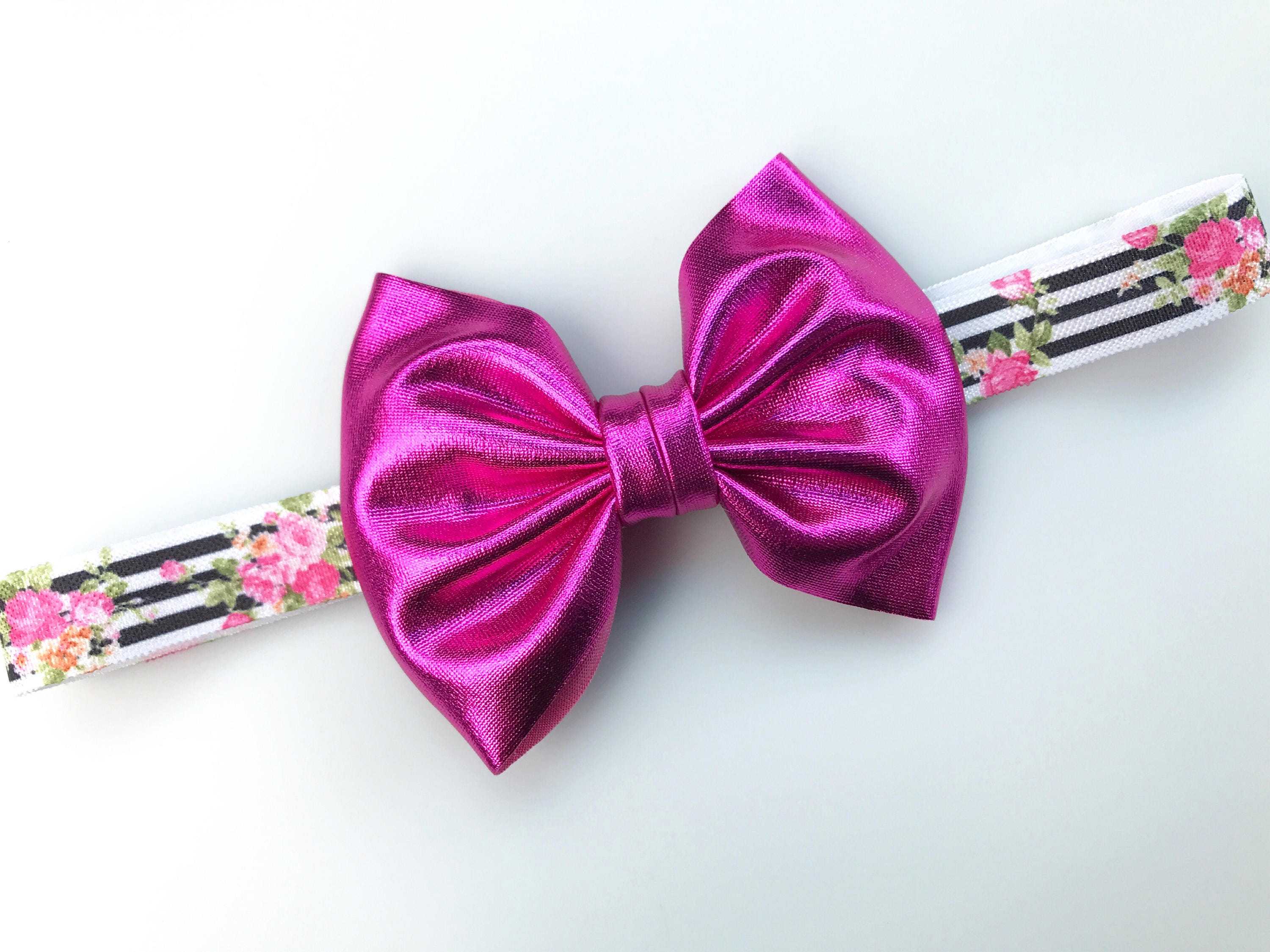 Hot pink bow. Floral headband. Pink metallic bow. Pink floral - Etsy México