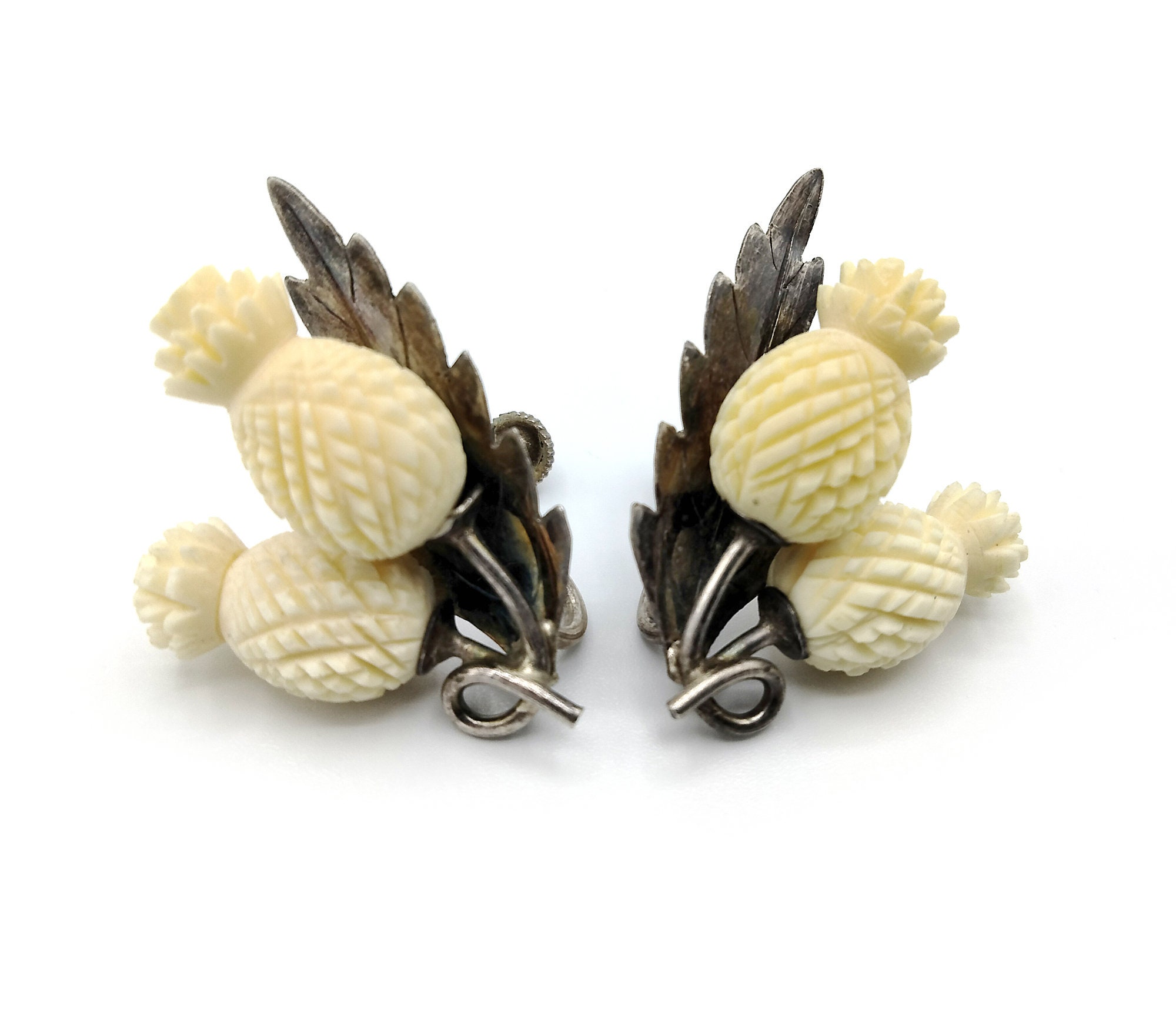 Vintage Hand Carved Pineapple Screw Back Earrings and Brooch With ...