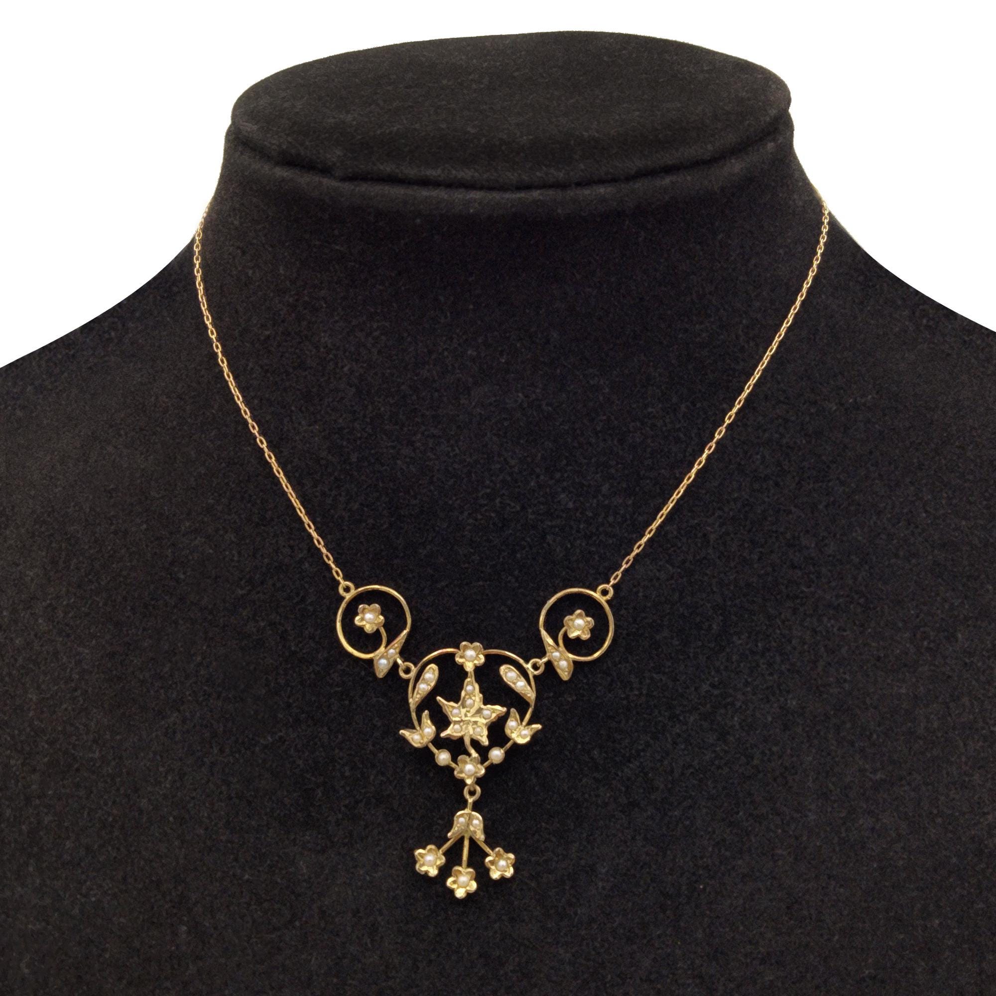 Antique Edwardian 14K Gold and Seed Pearl Floral Motif Lavalier ...