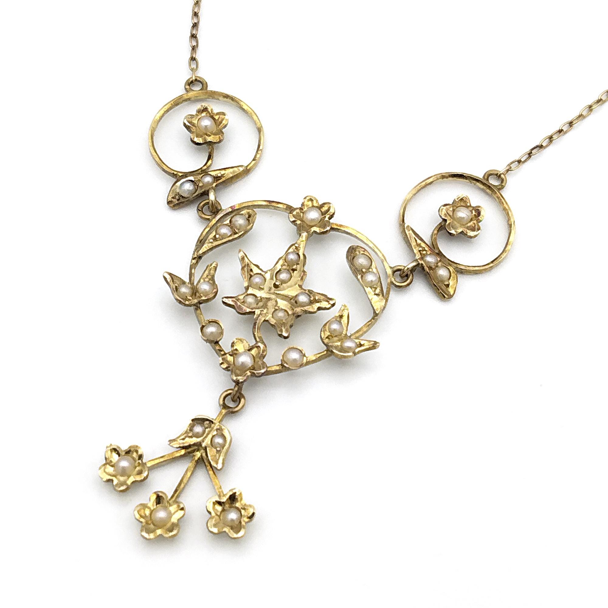 Antique Edwardian 14K Gold and Seed Pearl Floral Motif Lavalier ...
