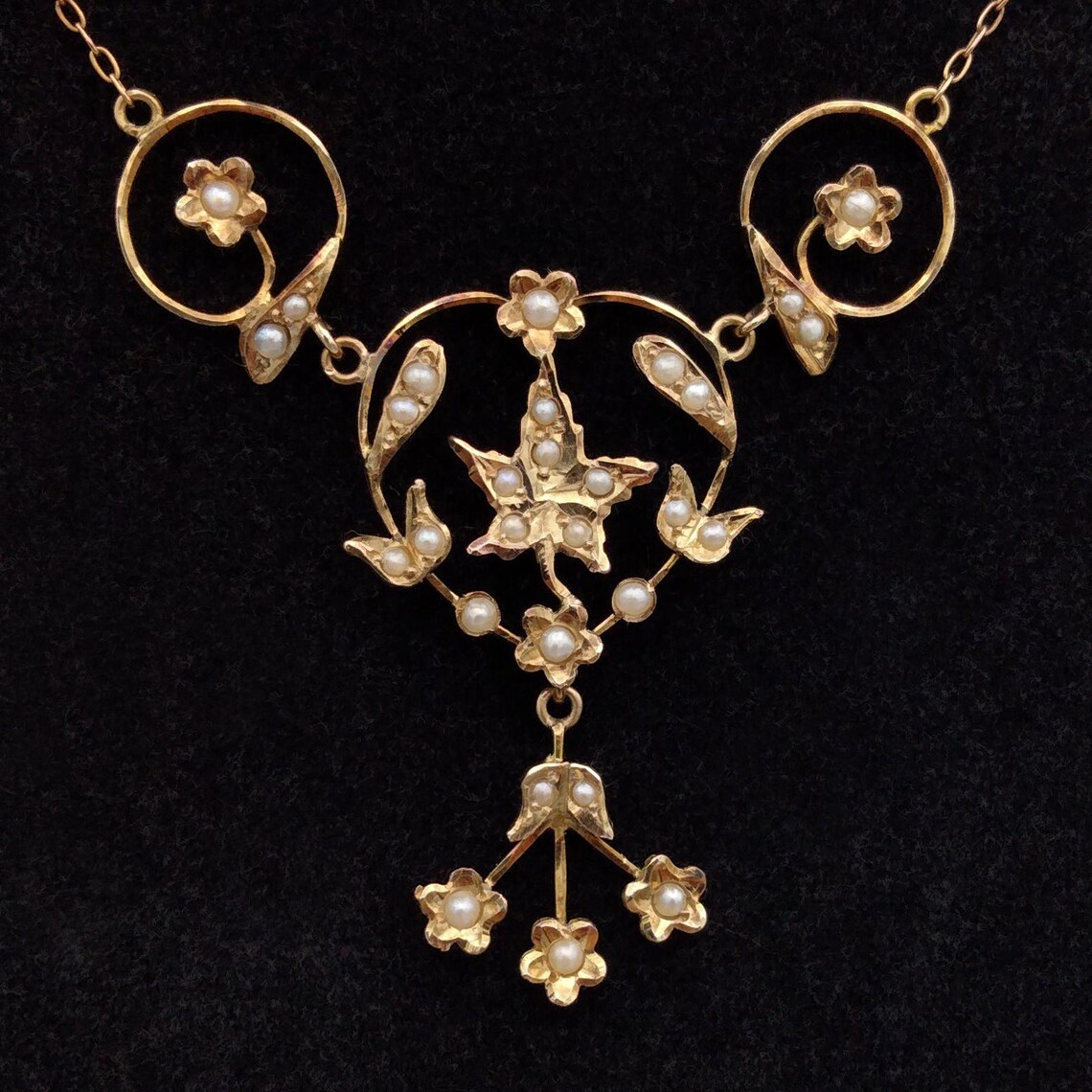 Antique Edwardian 14K Gold and Seed Pearl Floral Motif Lavalier ...