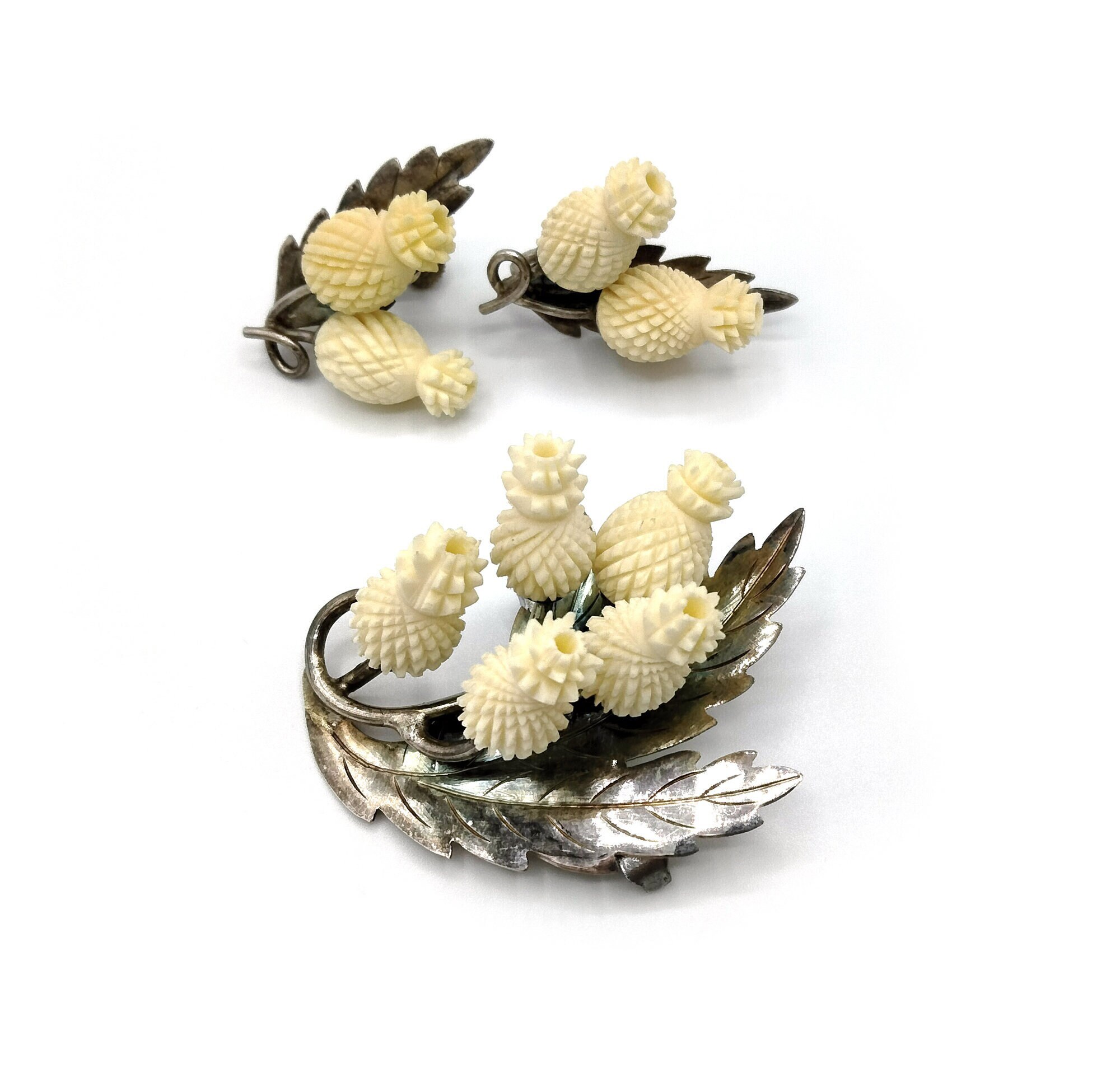 Vintage Hand Carved Pineapple Screw Back Earrings and Brooch With ...