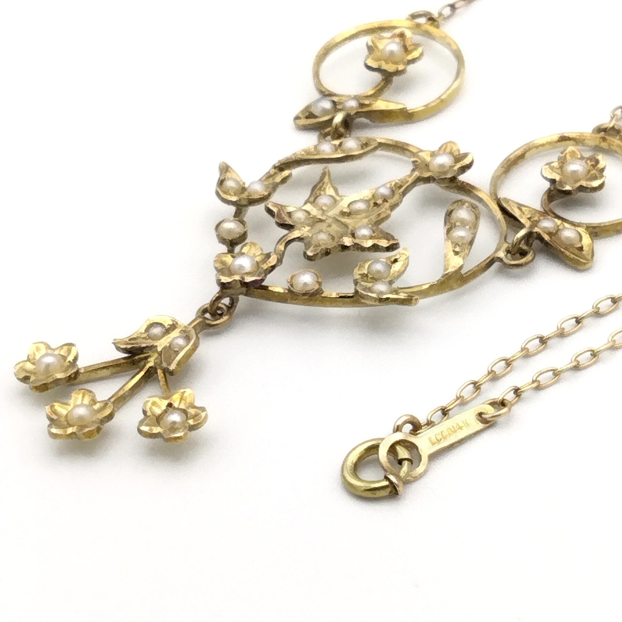 Antique Edwardian 14K Gold and Seed Pearl Floral Motif Lavalier ...