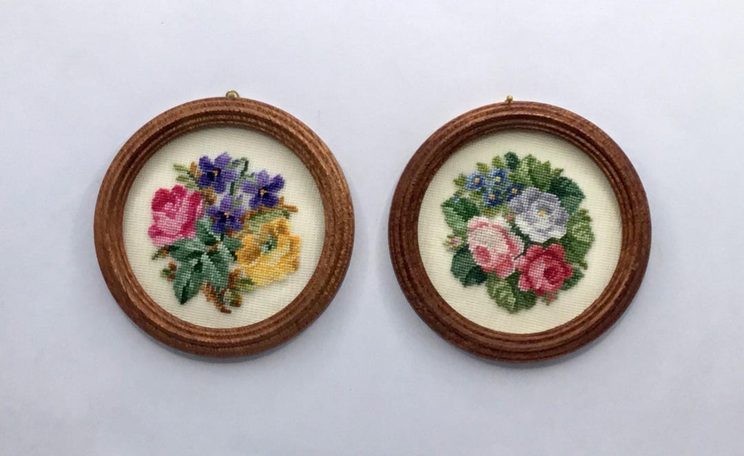 Round Miniature Picture for Dollhouse With Antique Bouquet Embroidered ...