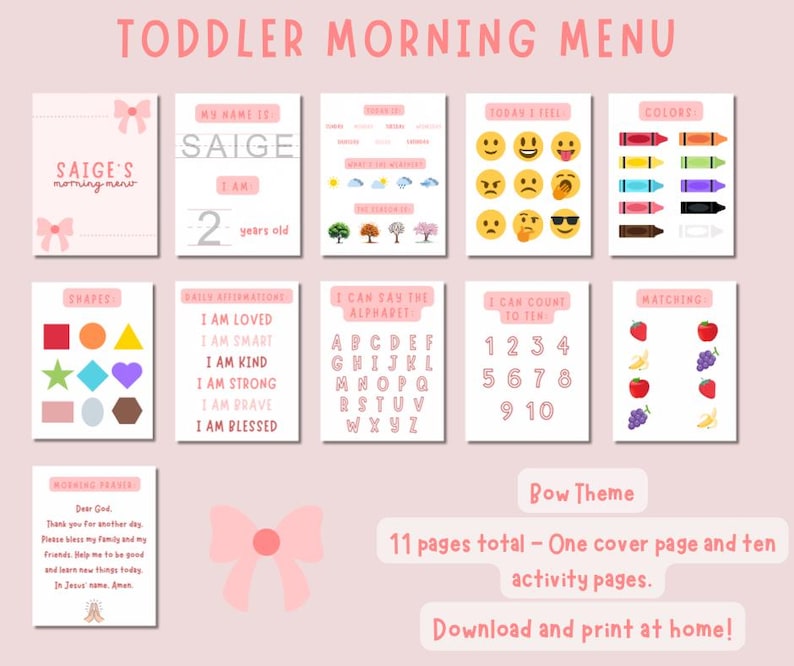 Toddler Morning Menu | Personalized | Bow Theme - Etsy