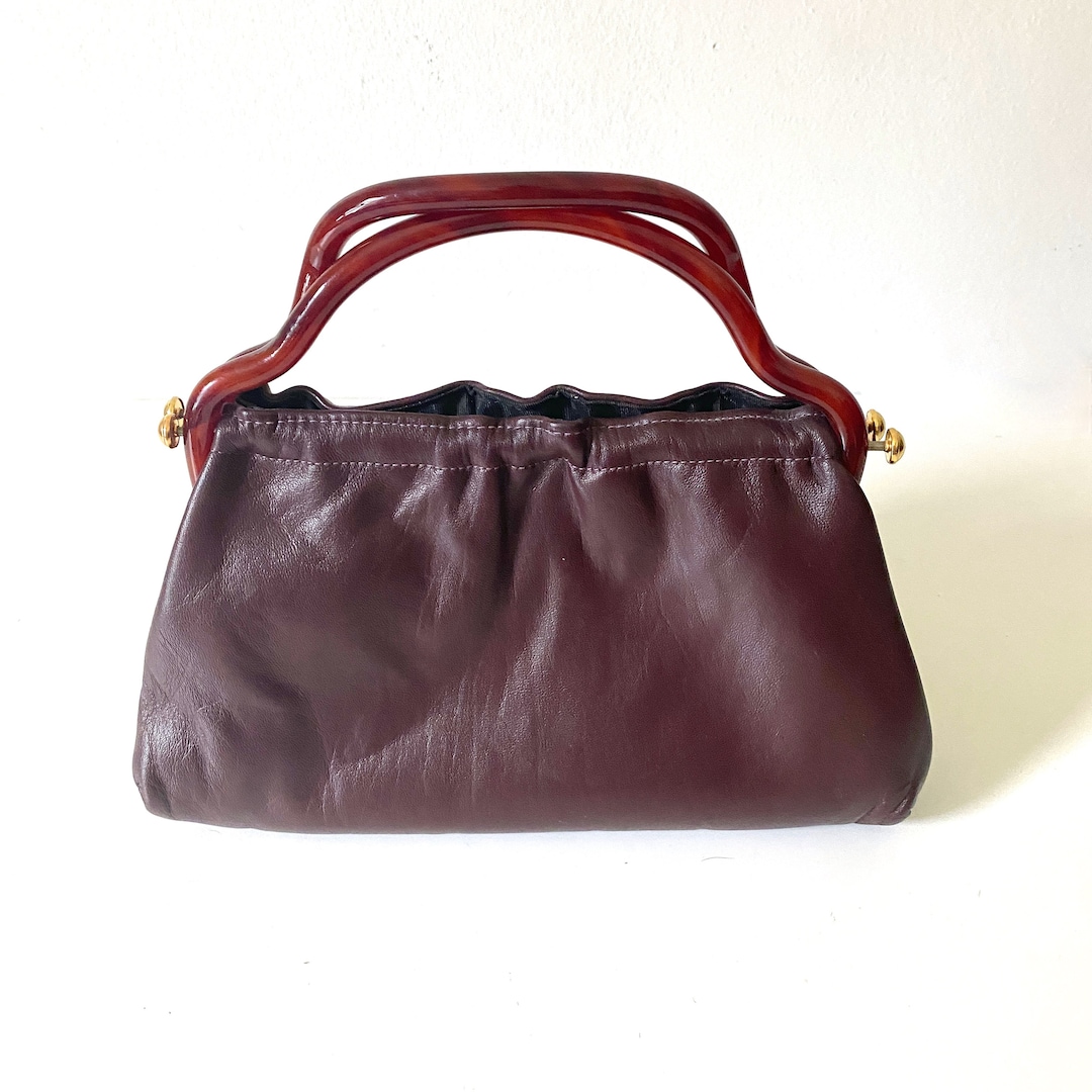 1960s Vintage Purse Brown Leather and Root Beer Lucite Handle ...