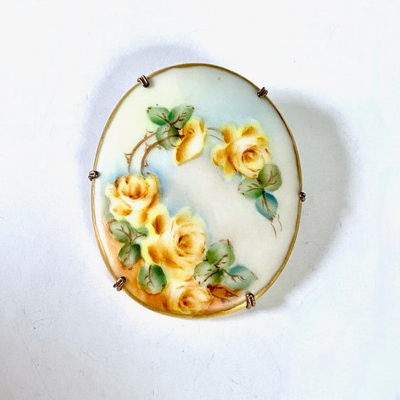 Vintage 1920s Hand Painted Porcelain Brooch Yellow Ro… - Gem