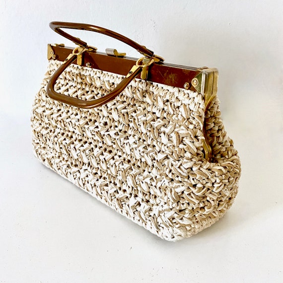 1960s ITALY Straw Rafia Frame Purse Vintage Wheat Col… - Gem