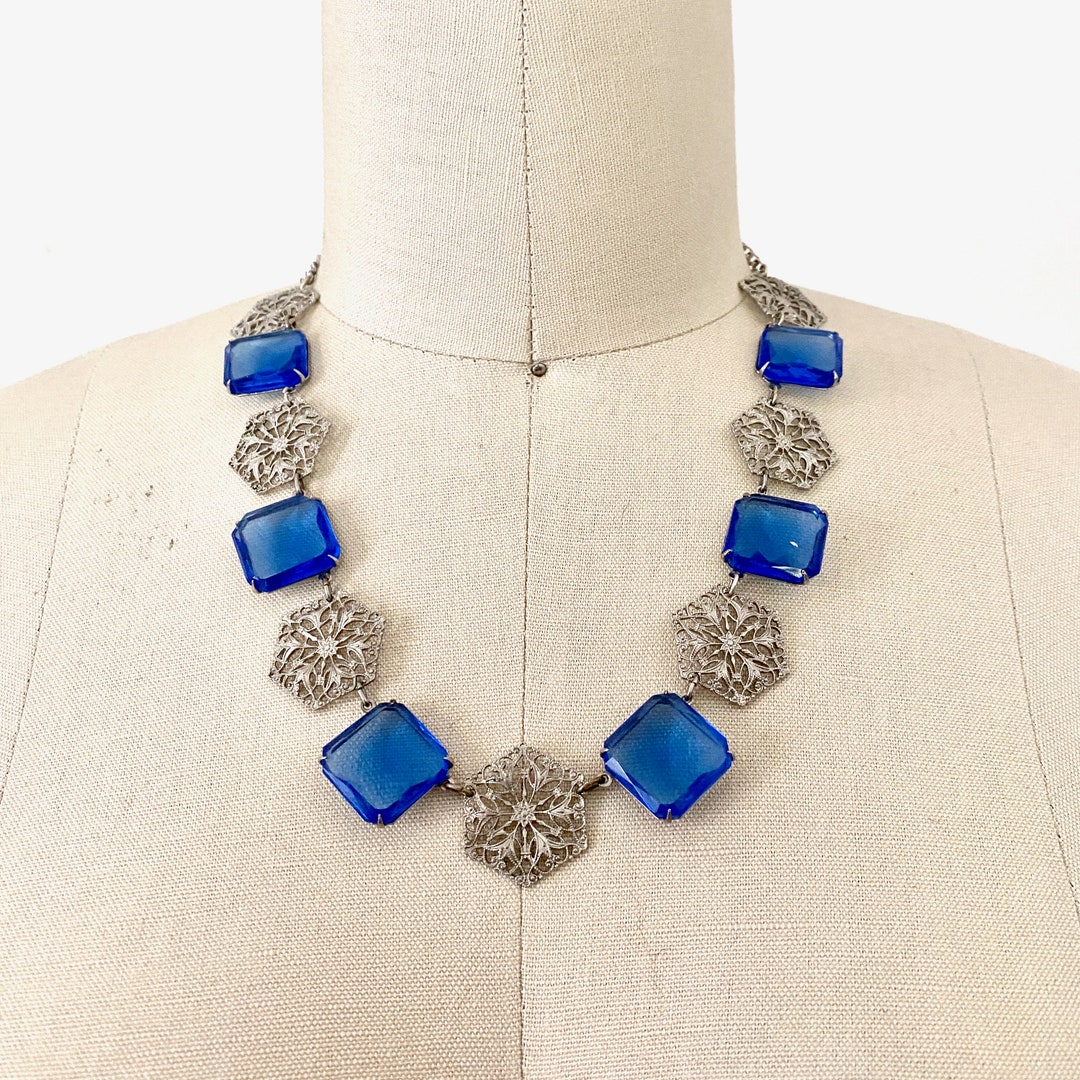 1920's Art Deco Necklace Blue Sky Paste Silver Tone Prong Set Open Back ...