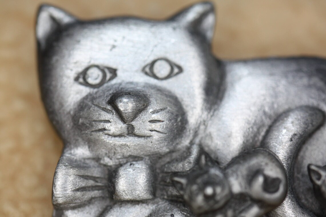 Cute Pewter Cat Pin With Inset Removable Kitten Earrings Set - Etsy