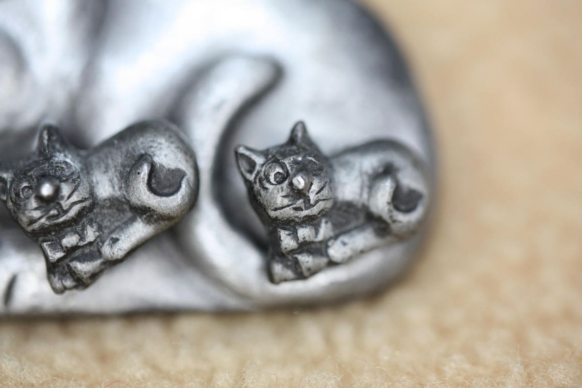 Cute Pewter Cat Pin With Inset Removable Kitten Earrings Set - Etsy