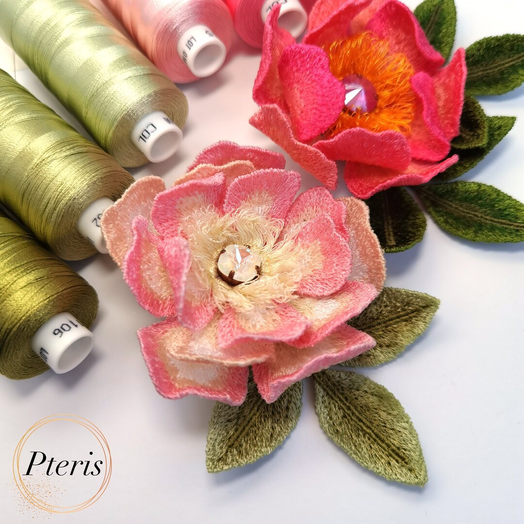 Rosehip Blossom Embroidery Design: 3D Wild Rose, Hairpin & Jewelry ...