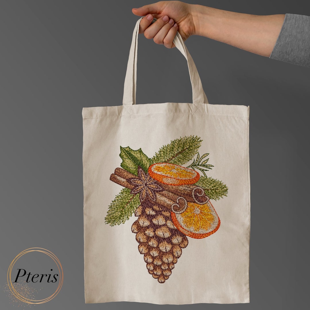 Pine Cone With Oranges, Cinnamon, and Spruce Branch Machine Embroidery ...
