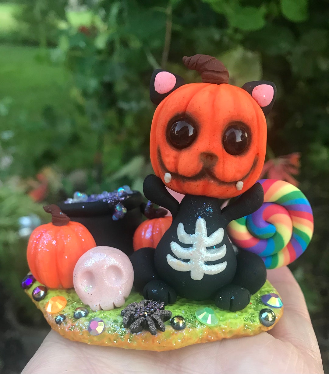 Polymer Clay Pumpkin Skeleton Kitty - Etsy