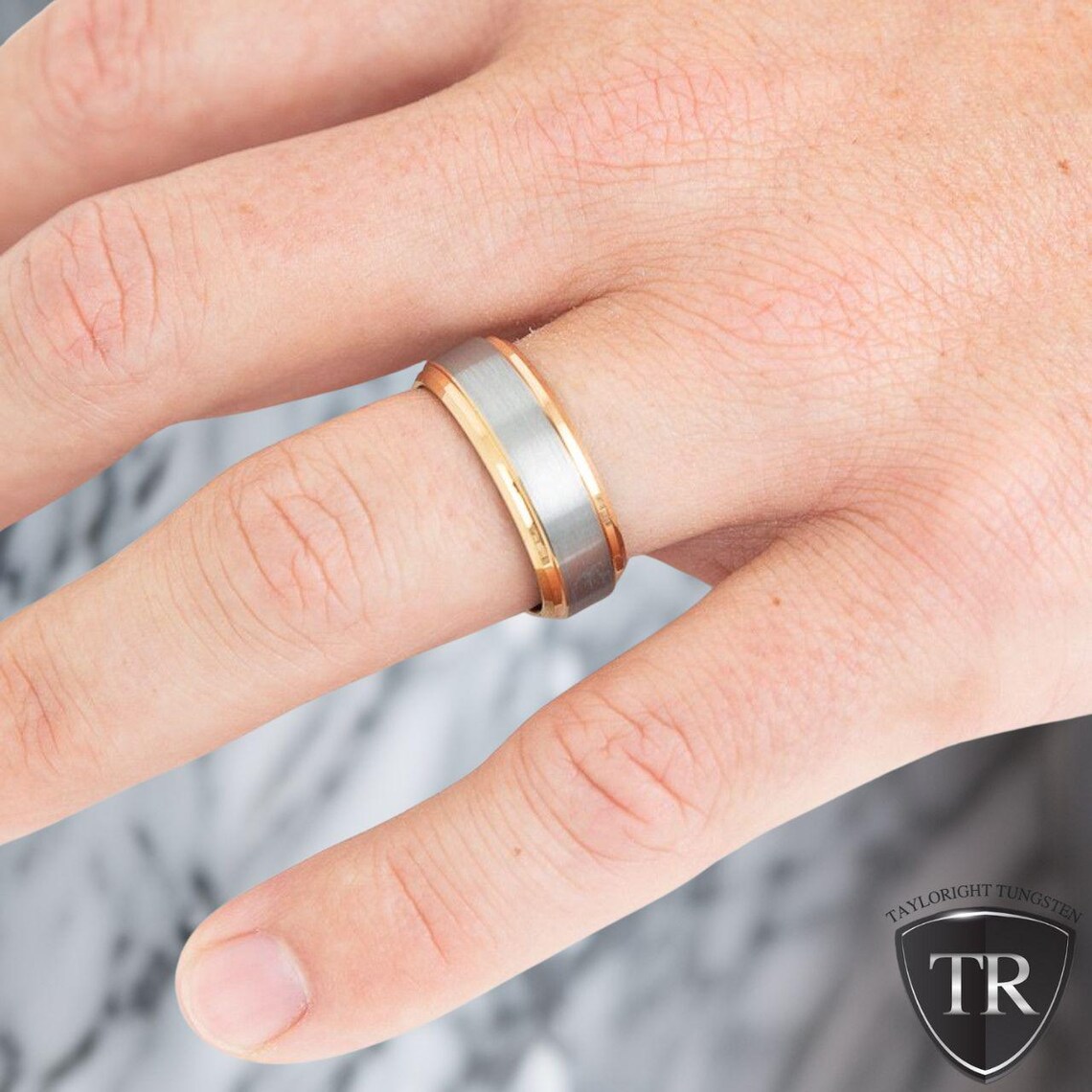 8 Mm Brushed Men’s Tungsten Wedding Band With Blue & 18 Kt Gold Accents ...