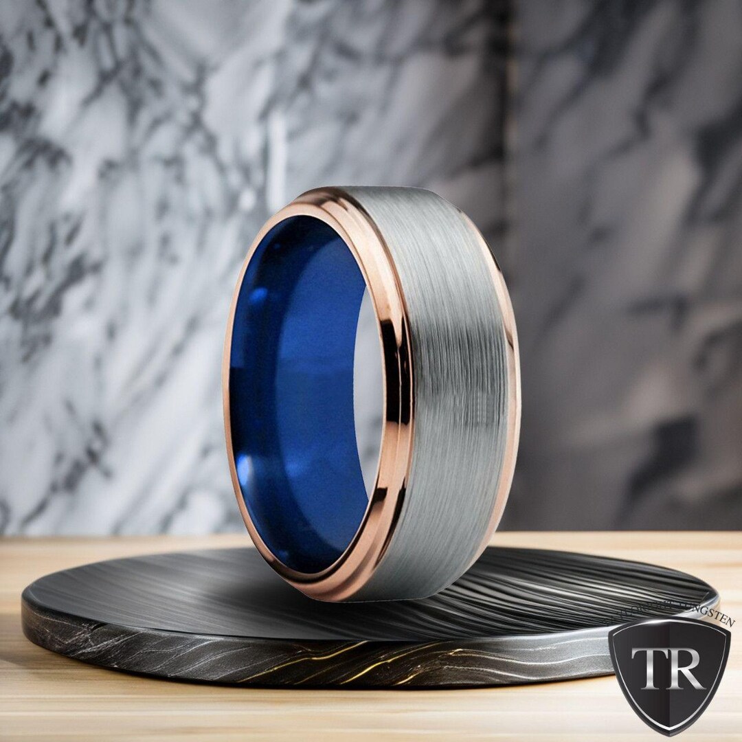 8 Mm Brushed Men’s Tungsten Wedding Band With Blue & 18 Kt Gold Accents ...