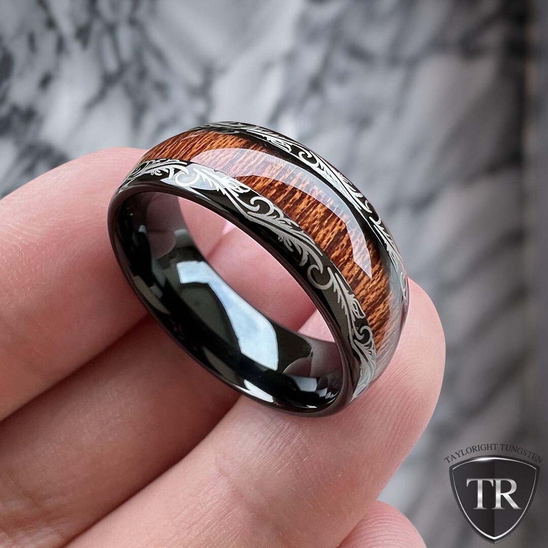 Koa Wood Inlay Black Tungsten Men's Wedding Band - Laser Etched 8mm ...