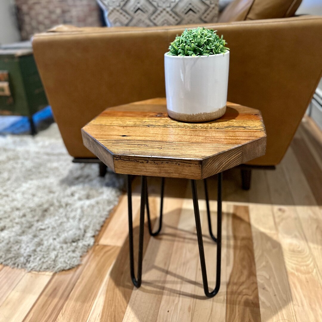 Reclaimed Wood End Table: Rustic Octagon Plant Stand With Hairpin Legs ...
