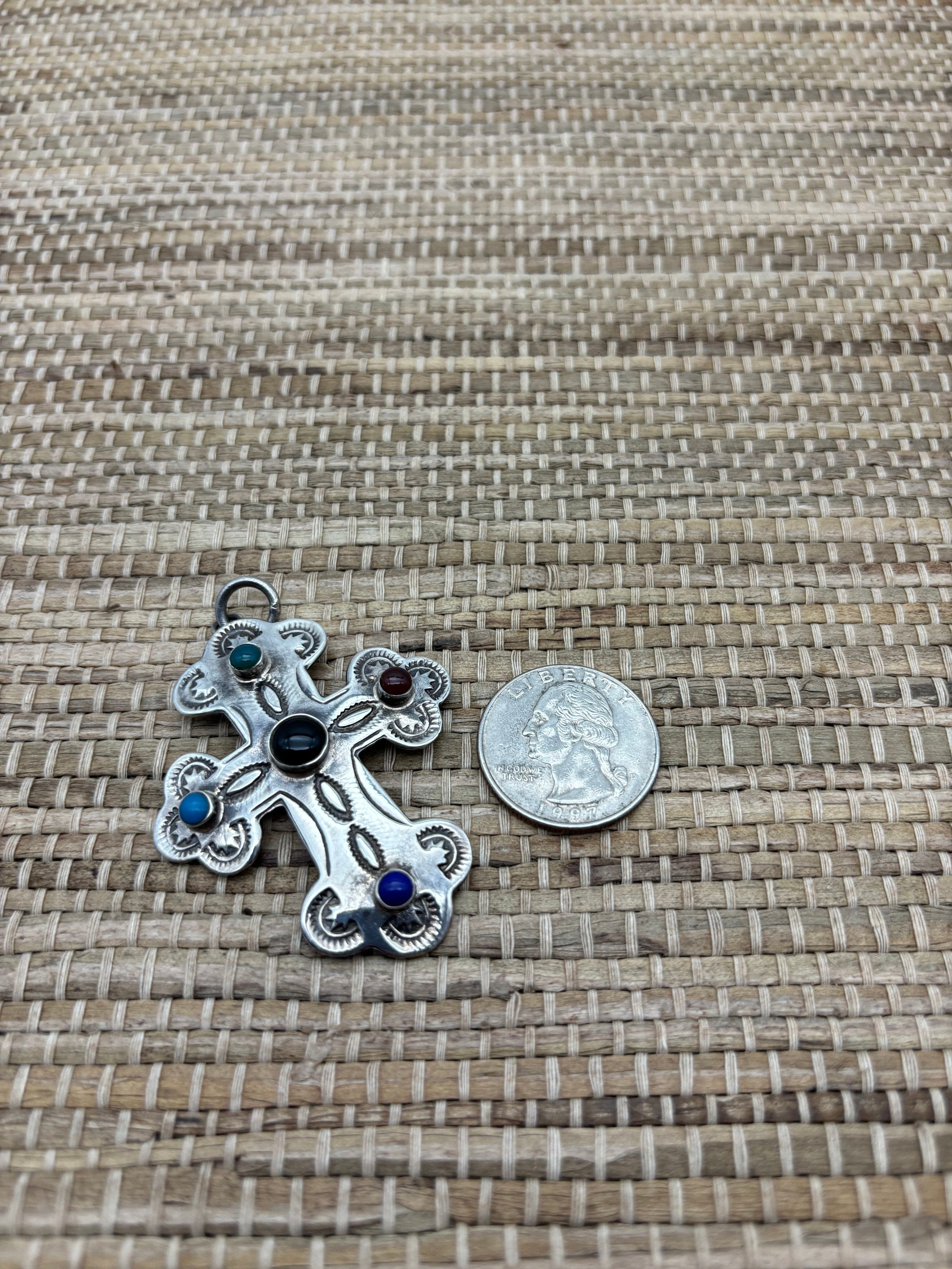 Large Sterling Southwestern Tooled Cross With Multi Stones - Etsy