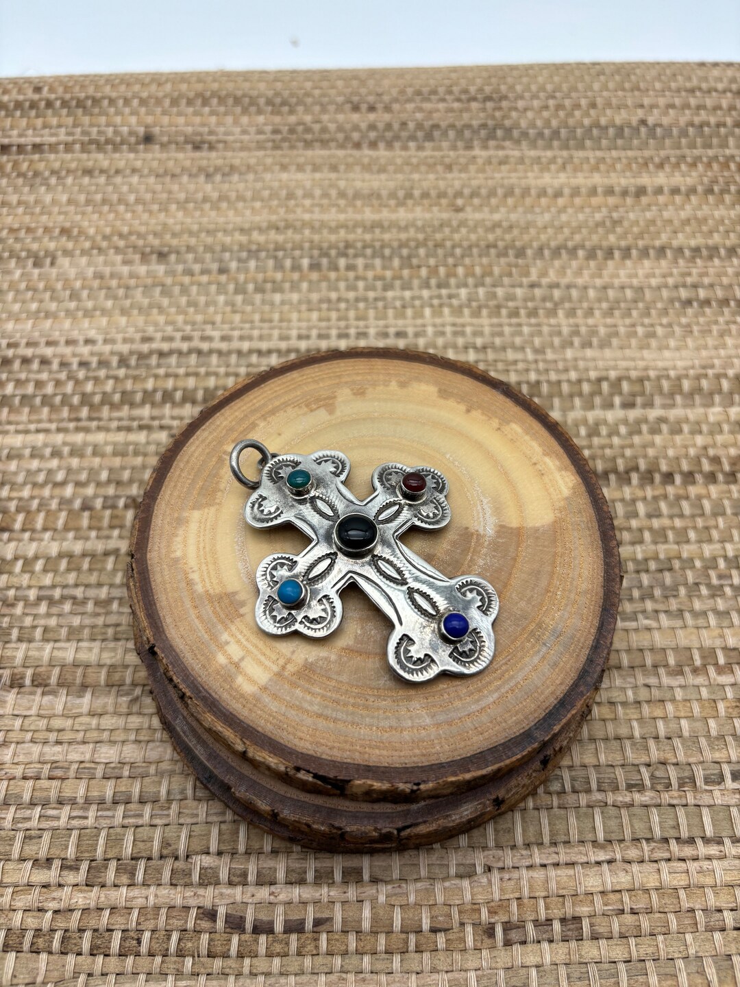Large Sterling Southwestern Tooled Cross With Multi Stones - Etsy