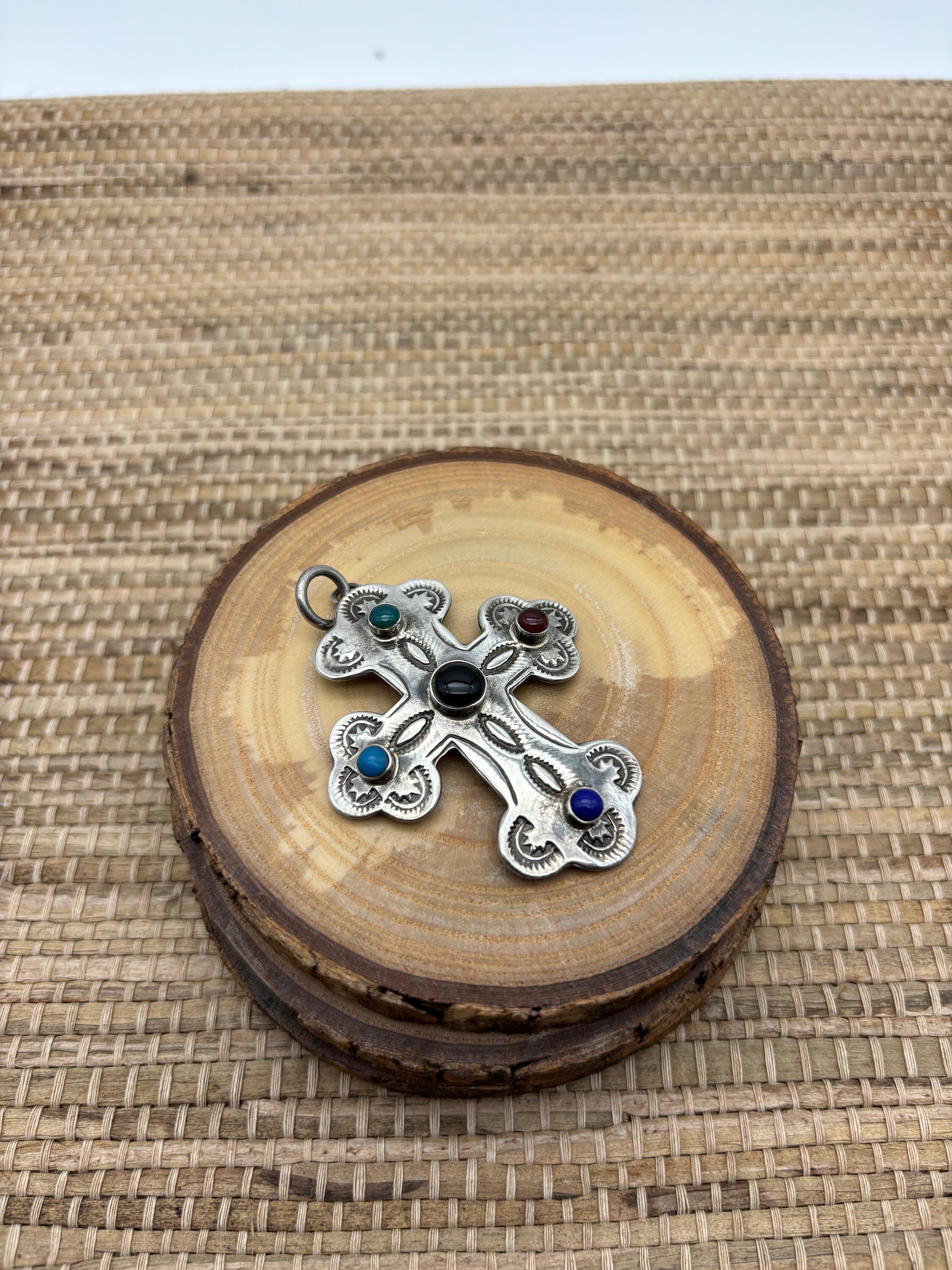 Large Sterling Southwestern Tooled Cross With Multi Stones - Etsy