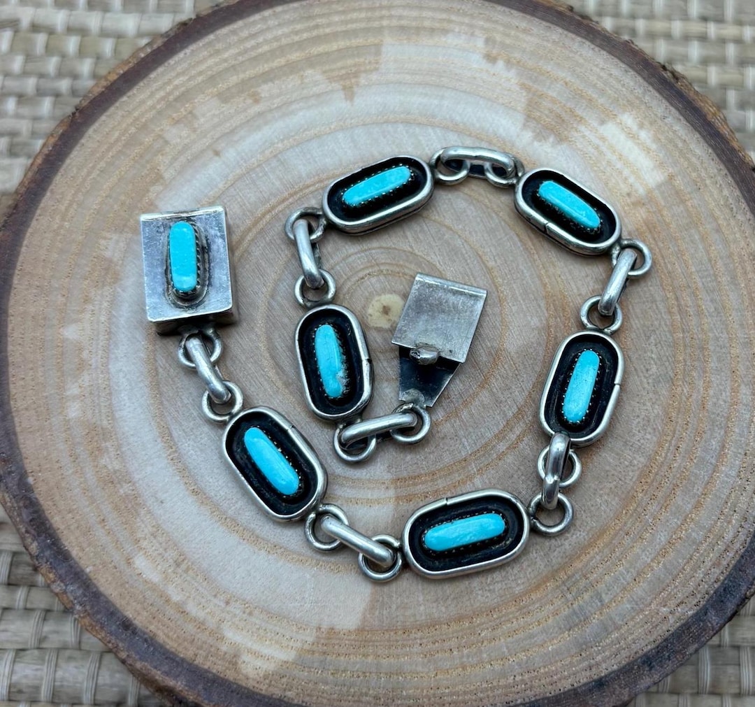 Vintage Oval Shadow Box Turquoise Petit Point Linked Sterling Bracelet ...
