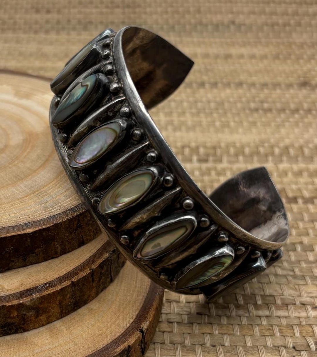 Vintage Unique Southwest Elliptical Abalone Stones Set in Sterling Cuff ...