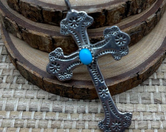 Large Sterling Southwestern Tooled Cross With Turquoise - Etsy