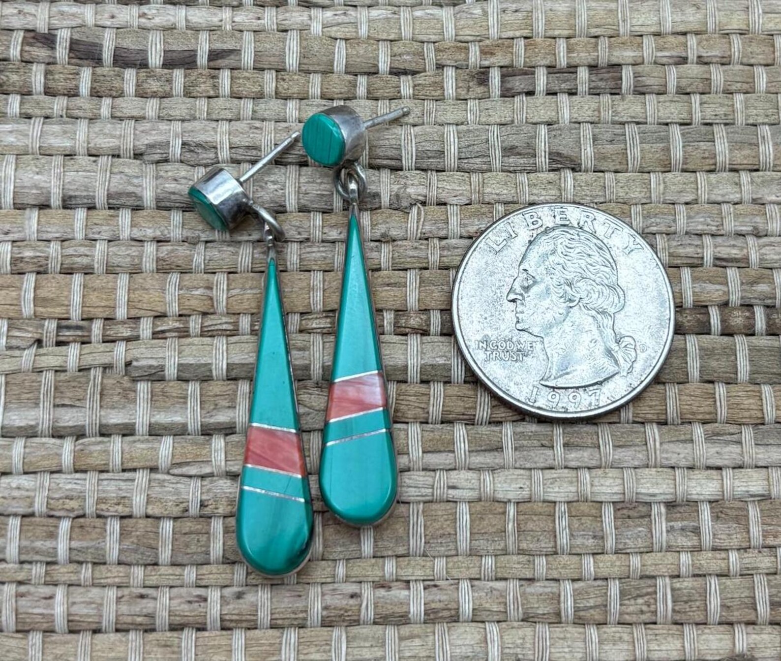Vintage Zuni Turquoise and Spiny Oyster Inlay Dangle Earrings. Signed ...