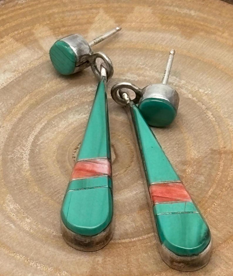 Vintage Zuni Turquoise and Spiny Oyster Inlay Dangle Earrings. Signed ...